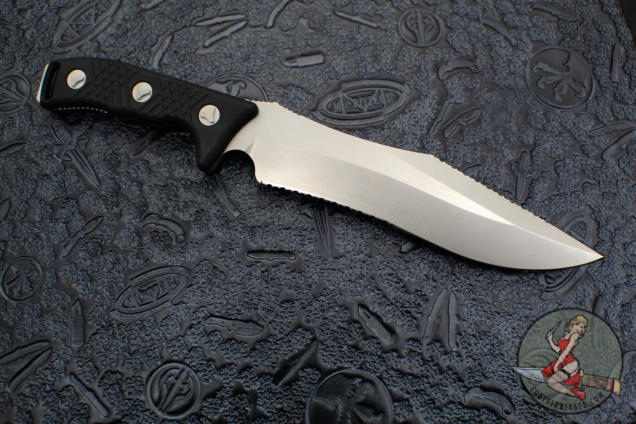 Microtech Arbiter Fixed Blade- Black Handle- Stonewash Full Serrated B ...