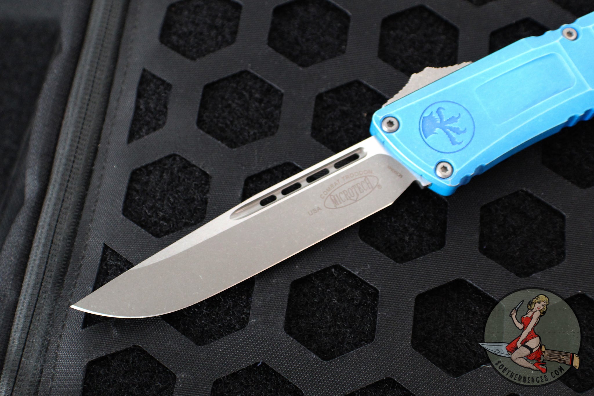 Microtech Combat Troodon Gen III OTF Knife- Single Edge- Marbled Blue ...