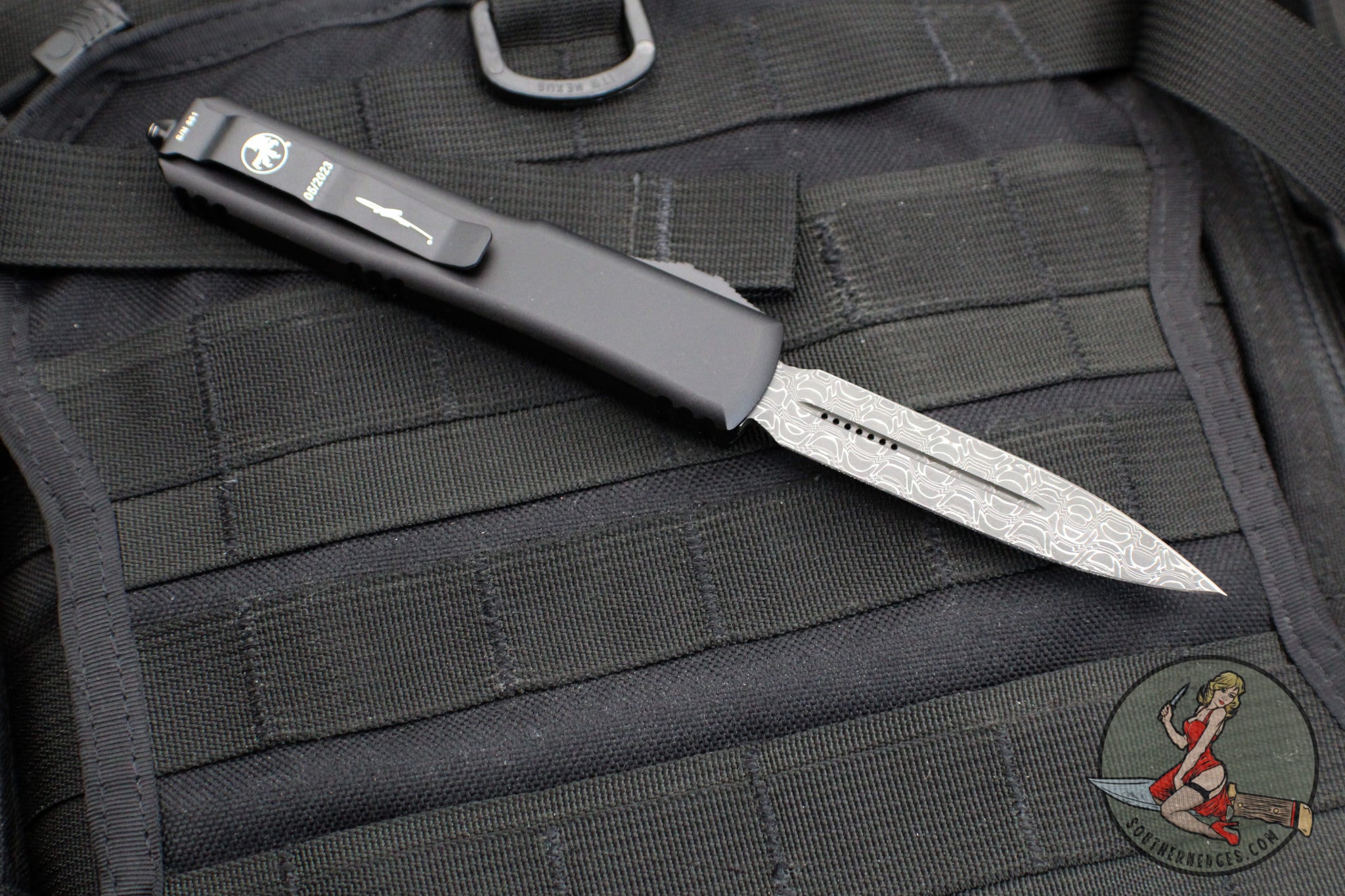 Microtech Ultratech OTF Knife- Double Edge- Black Handle- Damascus Bla ...