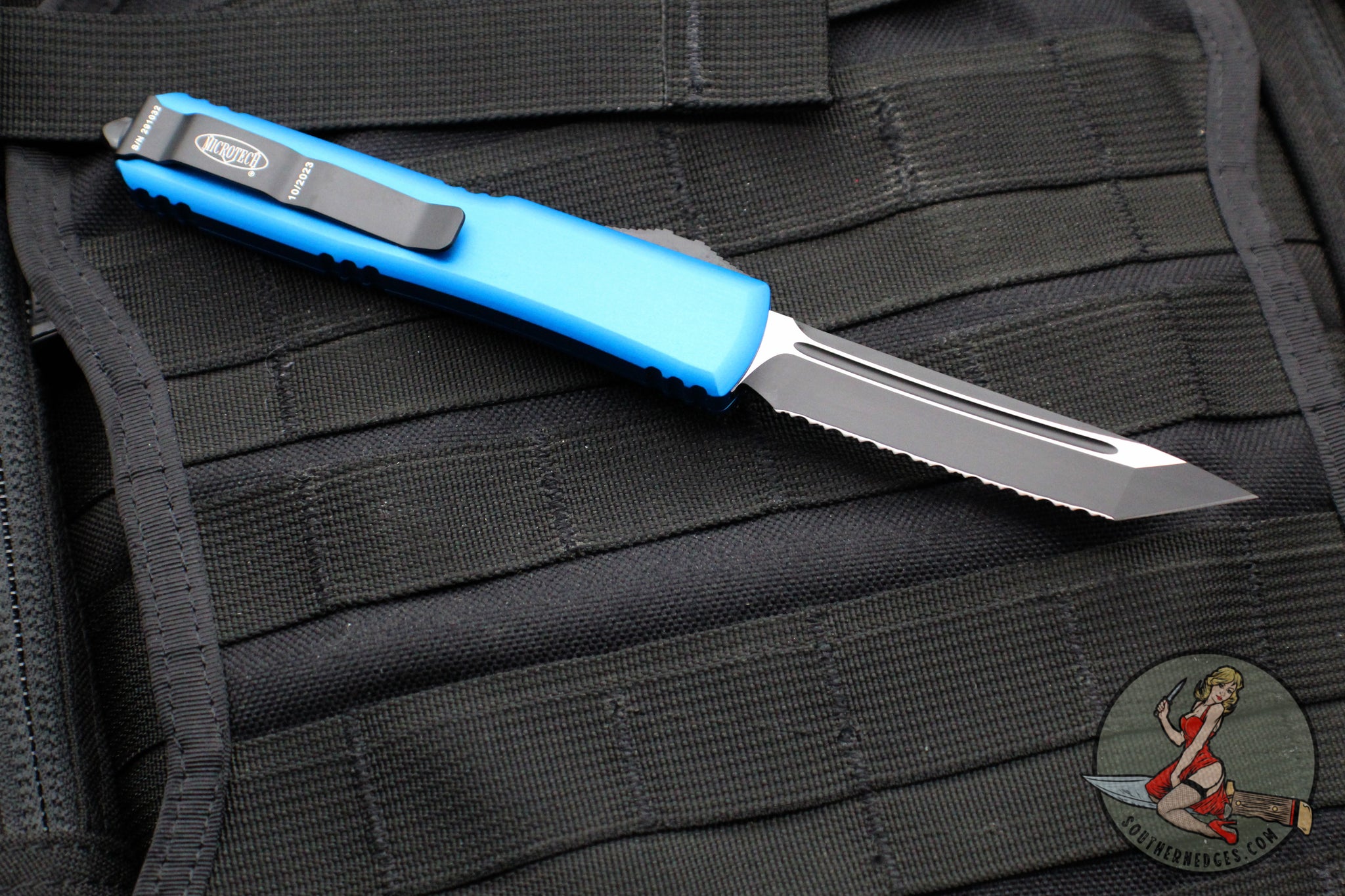 Microtech Ultratech OTF Knife- Tanto Edge- Blue Handle- Black Full Ser ...