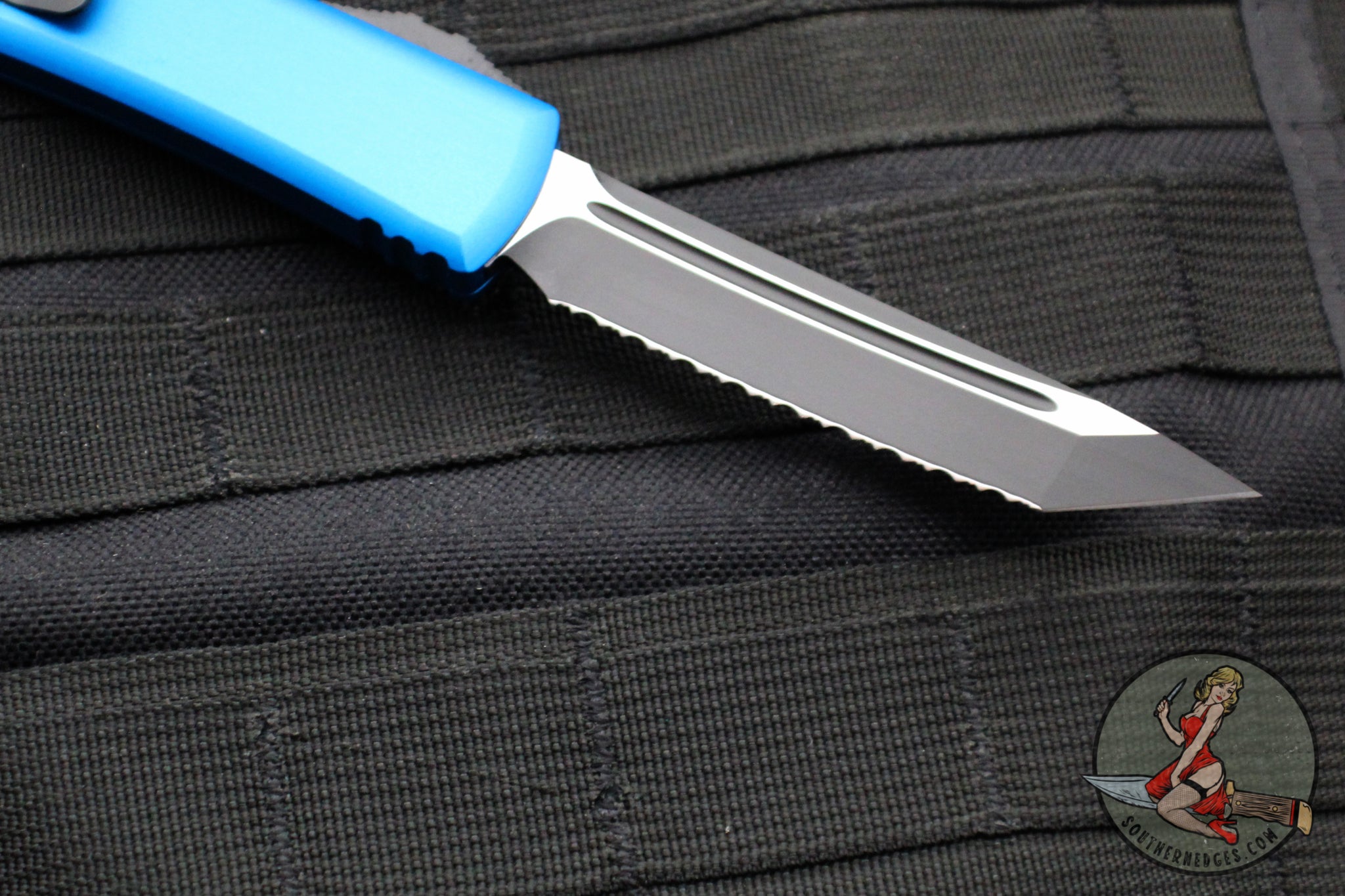 Microtech Ultratech OTF Knife- Tanto Edge- Blue Handle- Black Full Ser ...