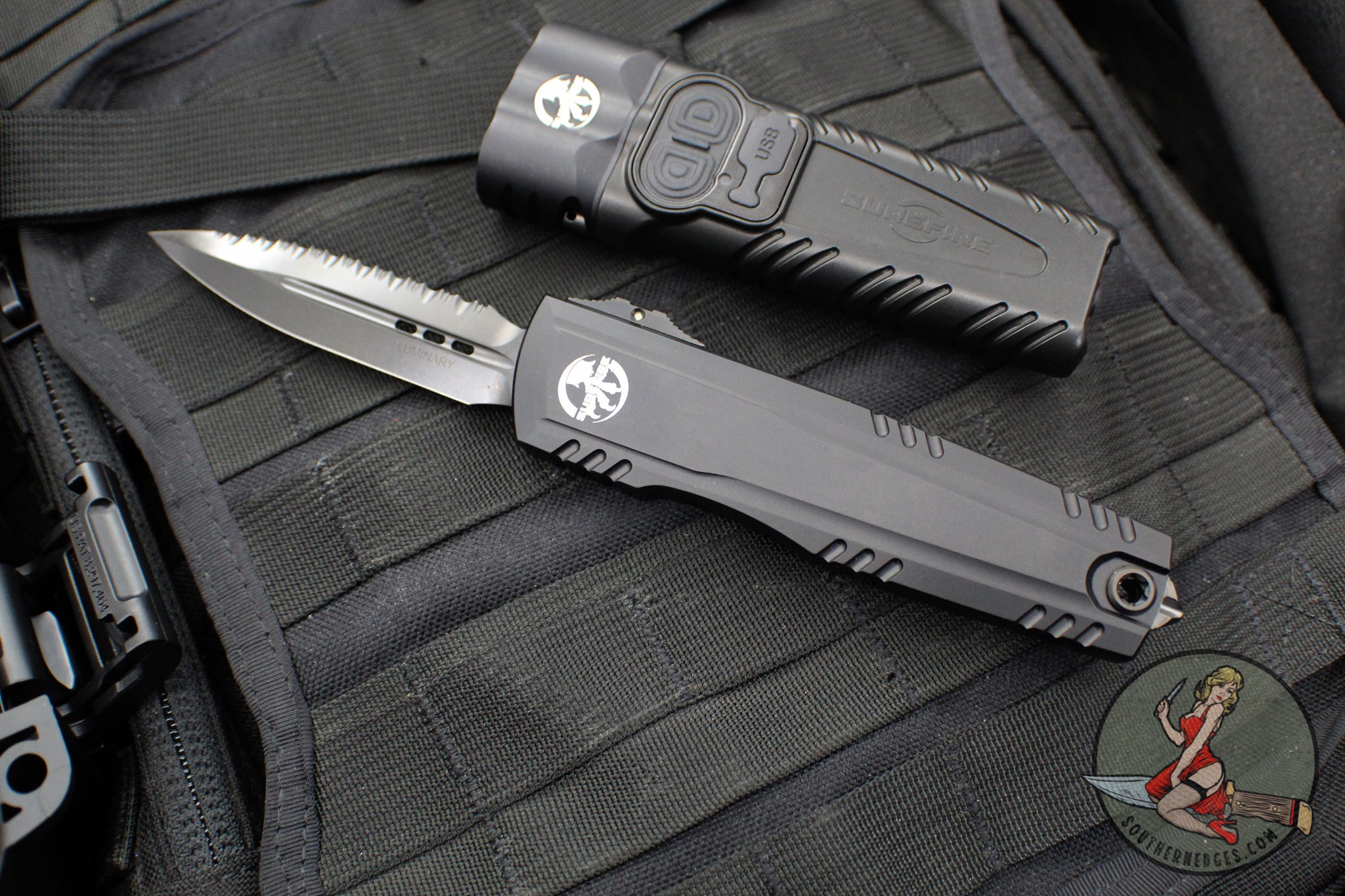 Microtech Surefire Collaboration Set- Luminary OTF- DLC Full Serrated ...