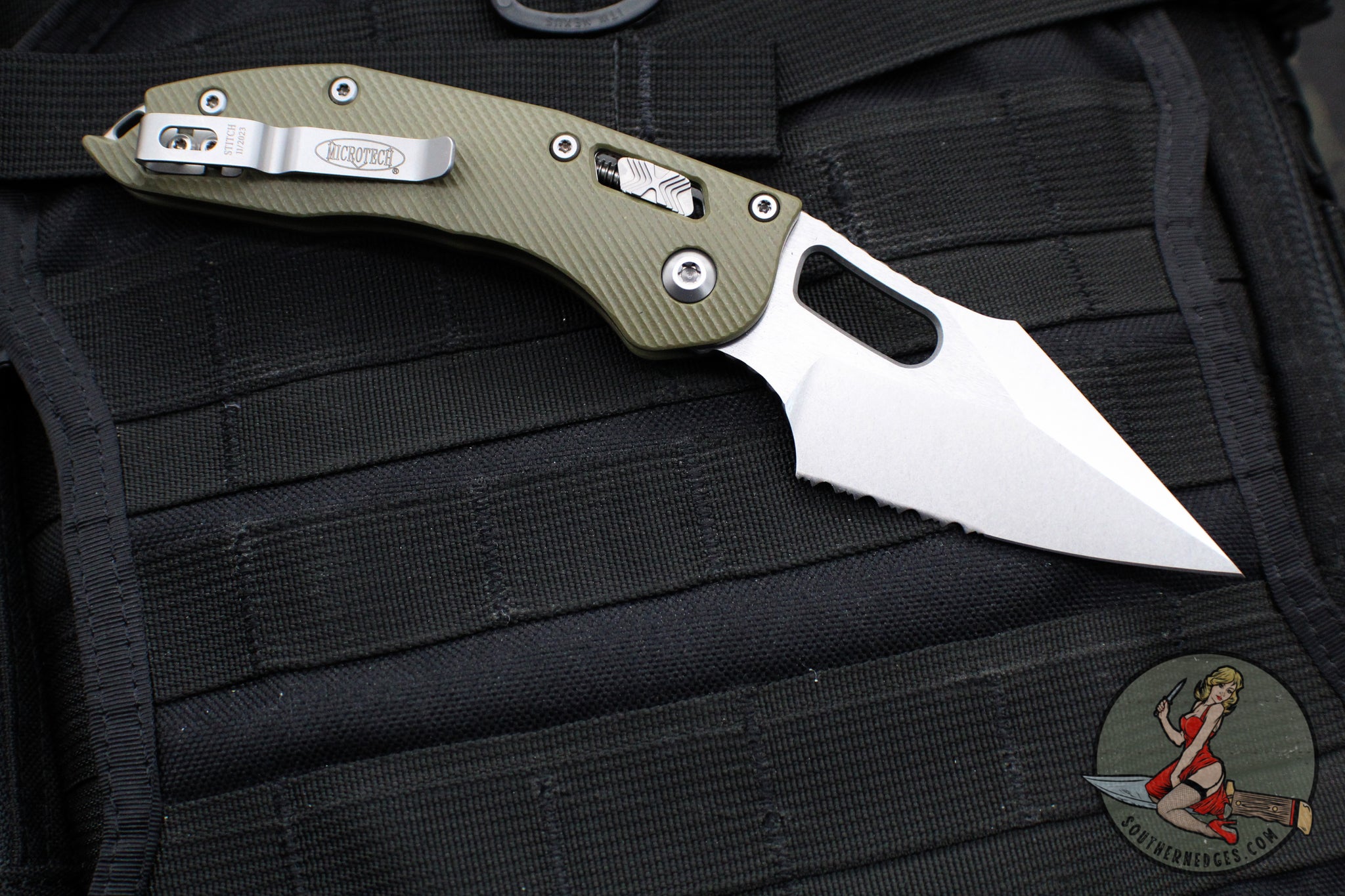 Microtech Stitch RAM LOK Knife- OD Green Fluted G-10 Handle- Stonewash ...
