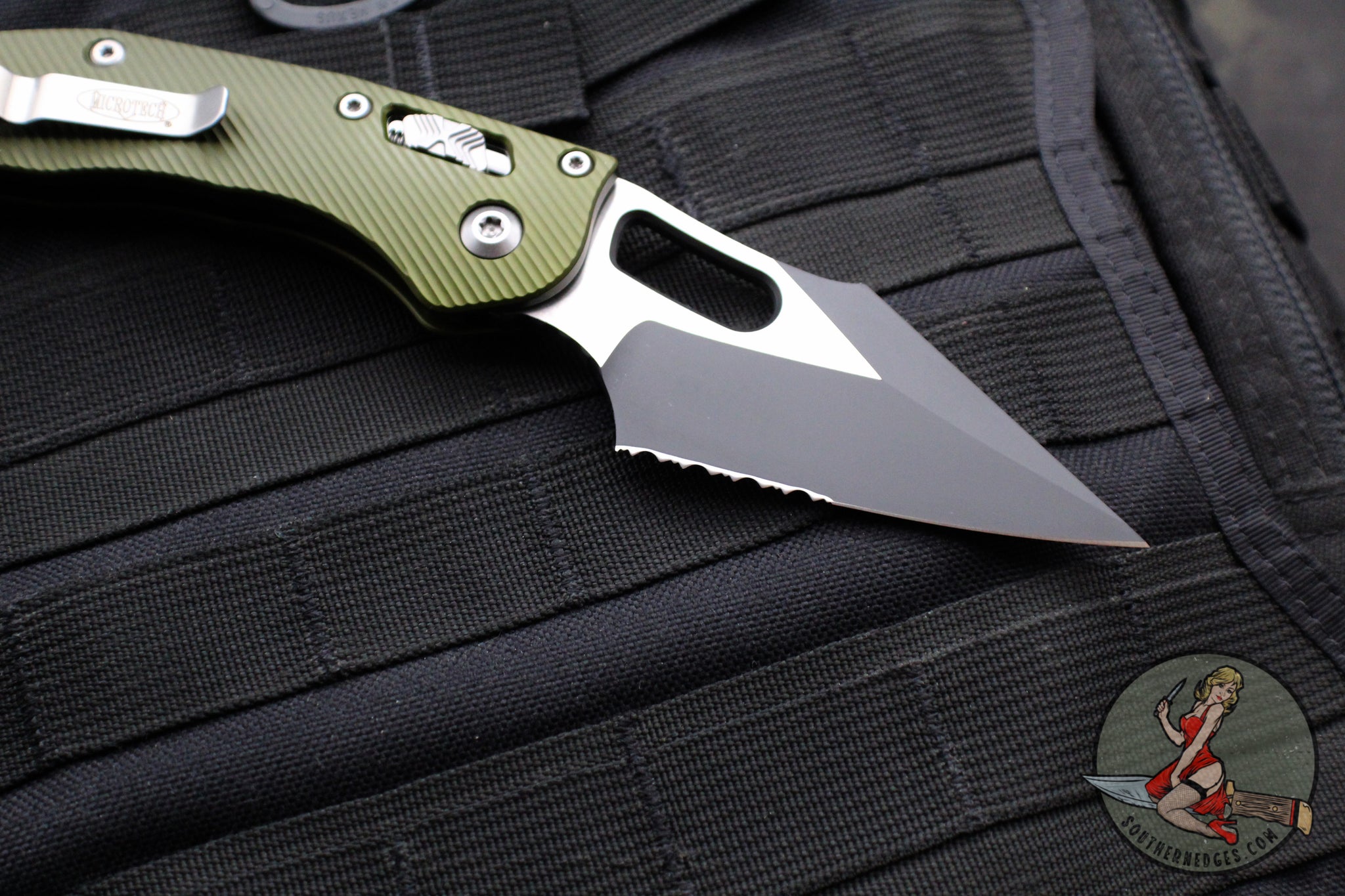 Microtech Stitch RAM LOK Knife- OD Green Fluted Aluminum Handle- Black ...