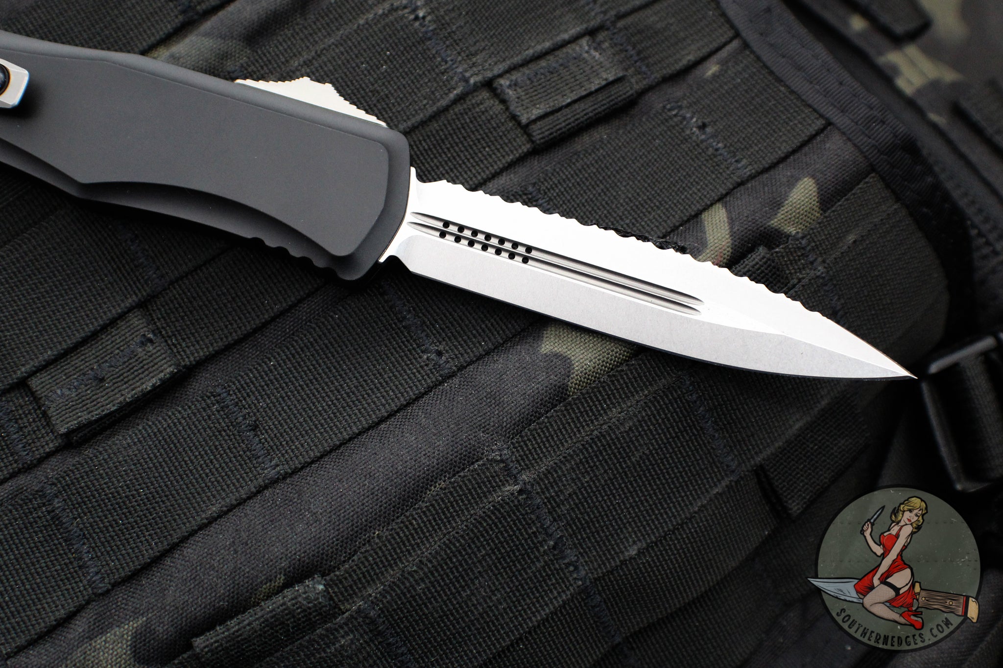 Microtech Hera II XL OTF Knife- Double Edge- Black Handle- Stonewash F ...