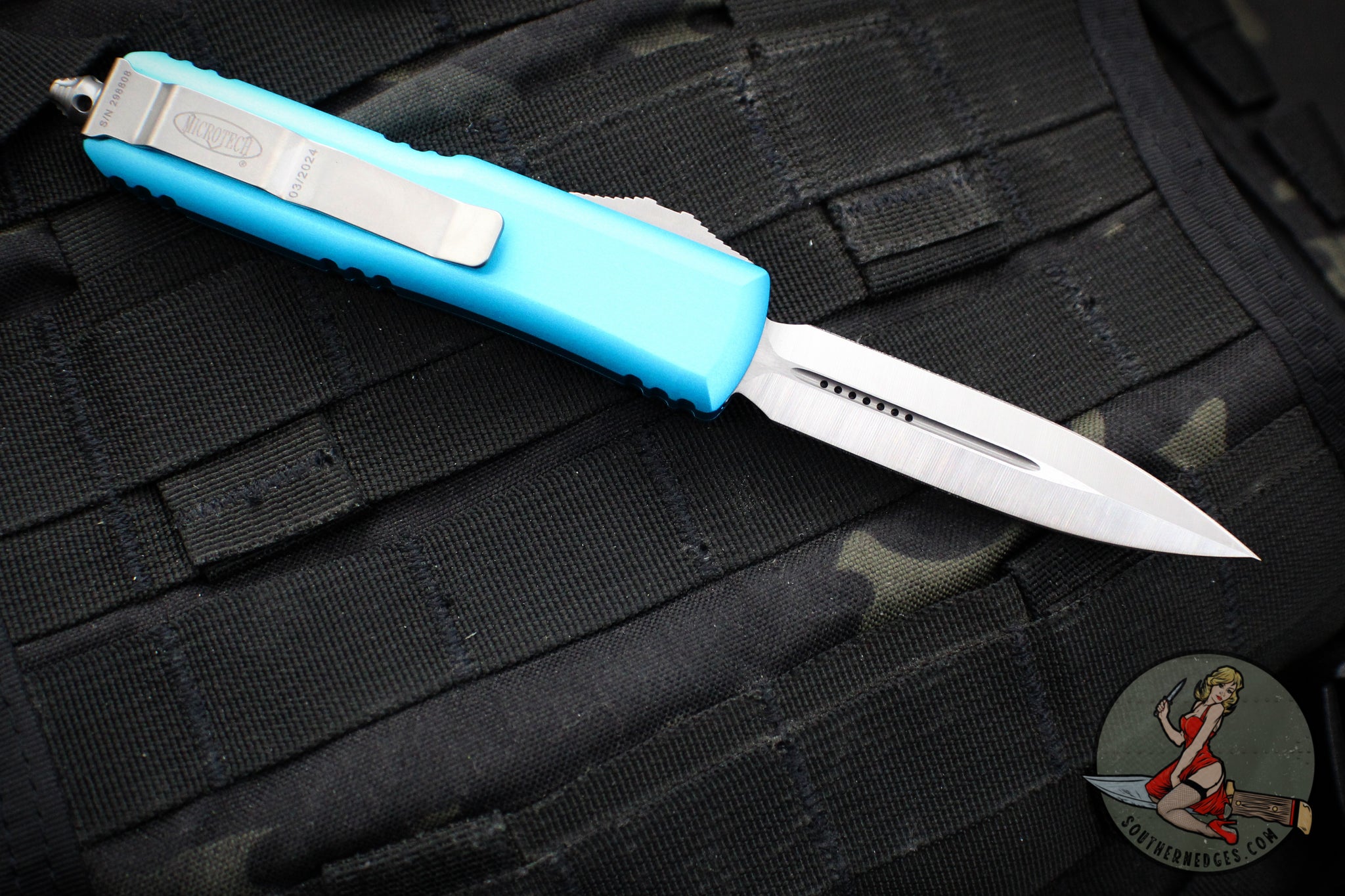 Microtech UTX-85 OTF Knife- Double Edge- Turquoise Handle- Satin Blade ...