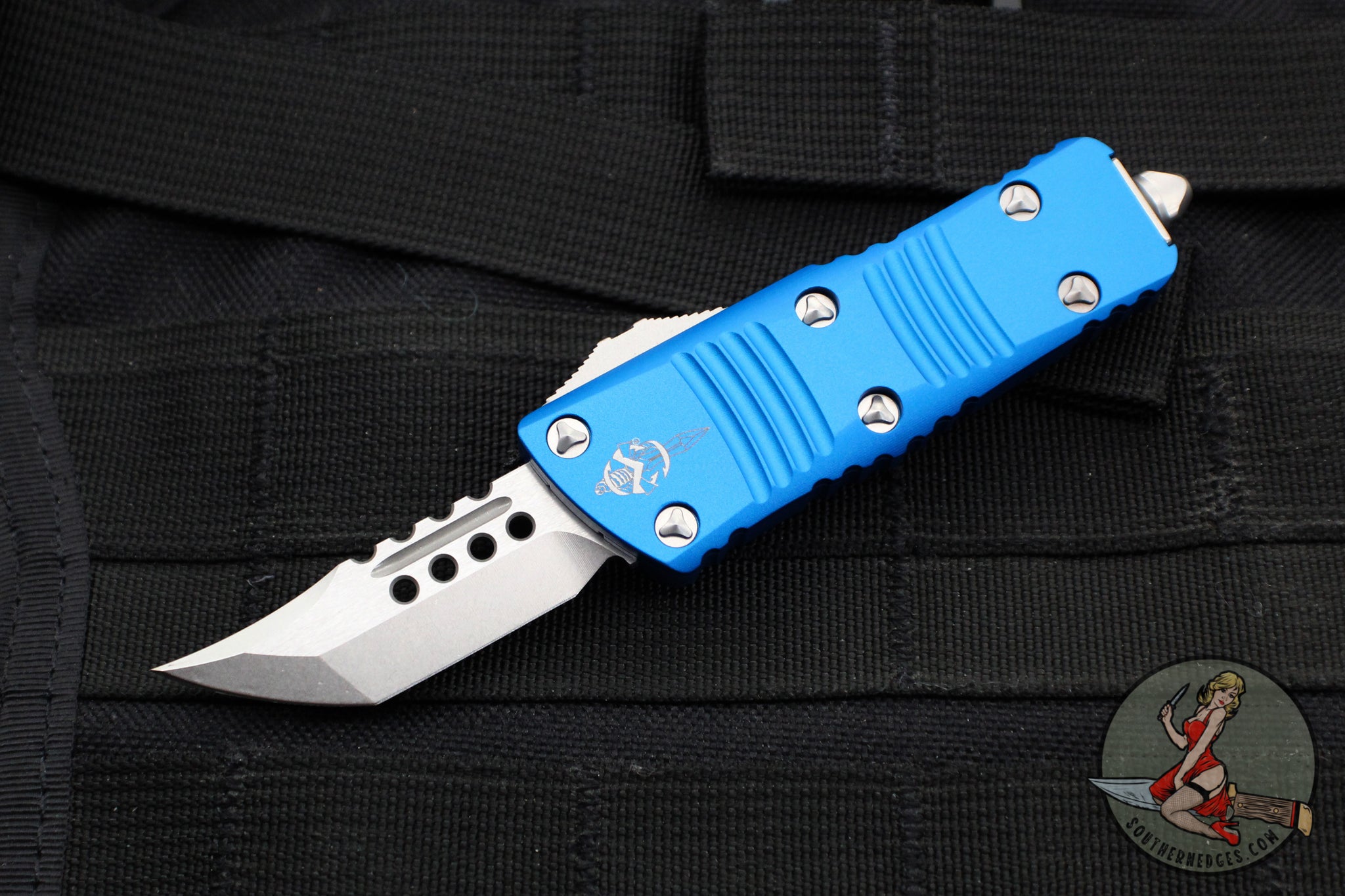 Microtech Mini Troodon OTF Knife- Hellhound Edge- Blue Handle- Stonewa ...