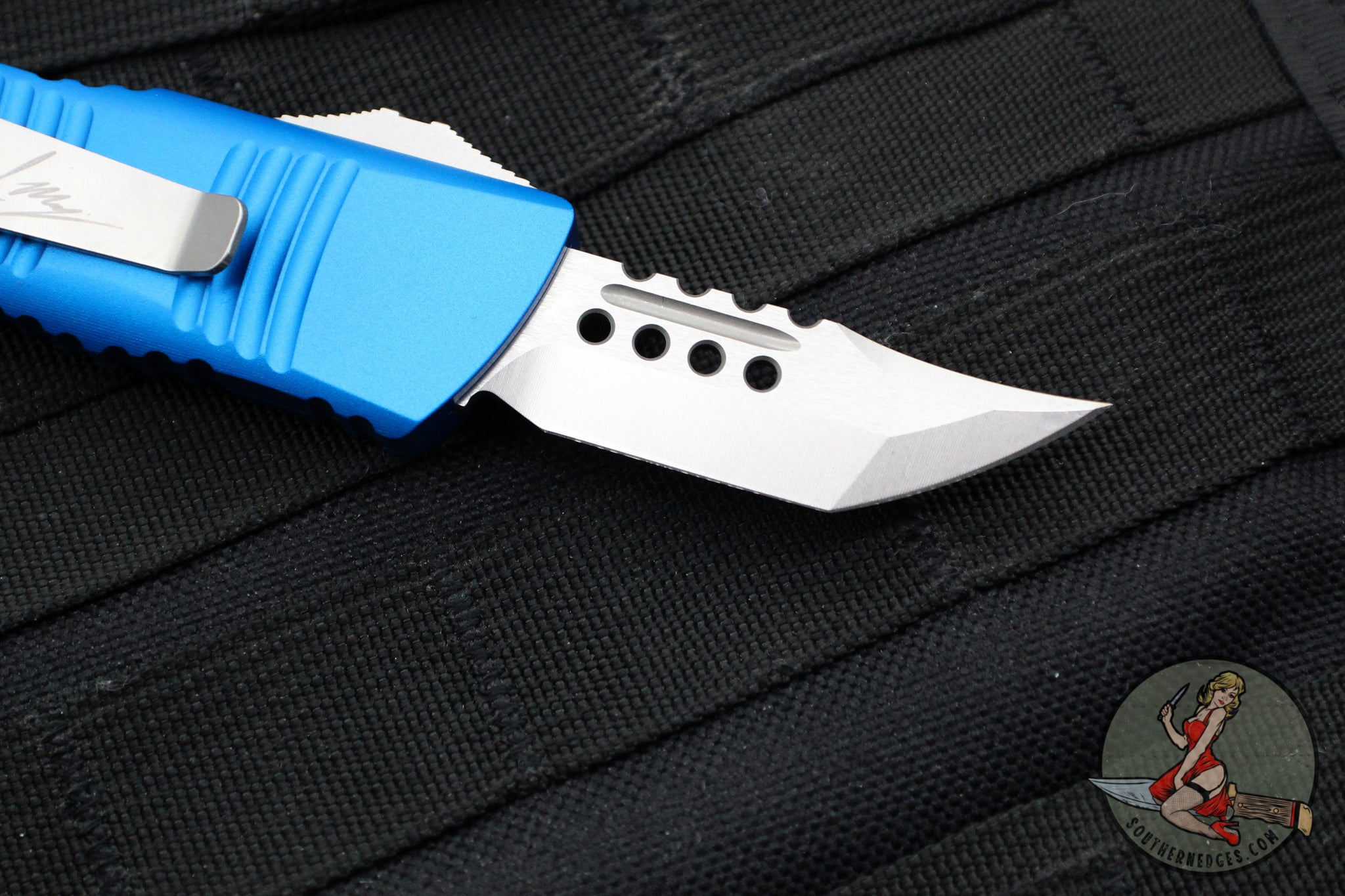Microtech Mini Troodon OTF Knife- Hellhound Edge- Blue Handle- Stonewa ...