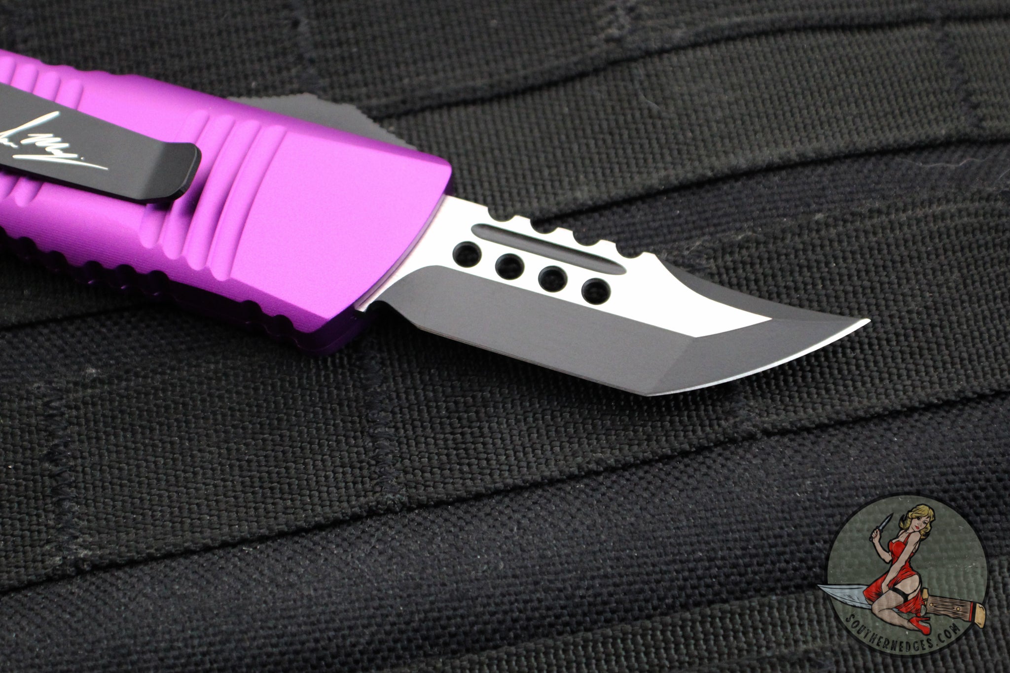 Microtech Mini Troodon OTF Knife- Hellhound Edge- Violet Handle- Black | Southern Edges