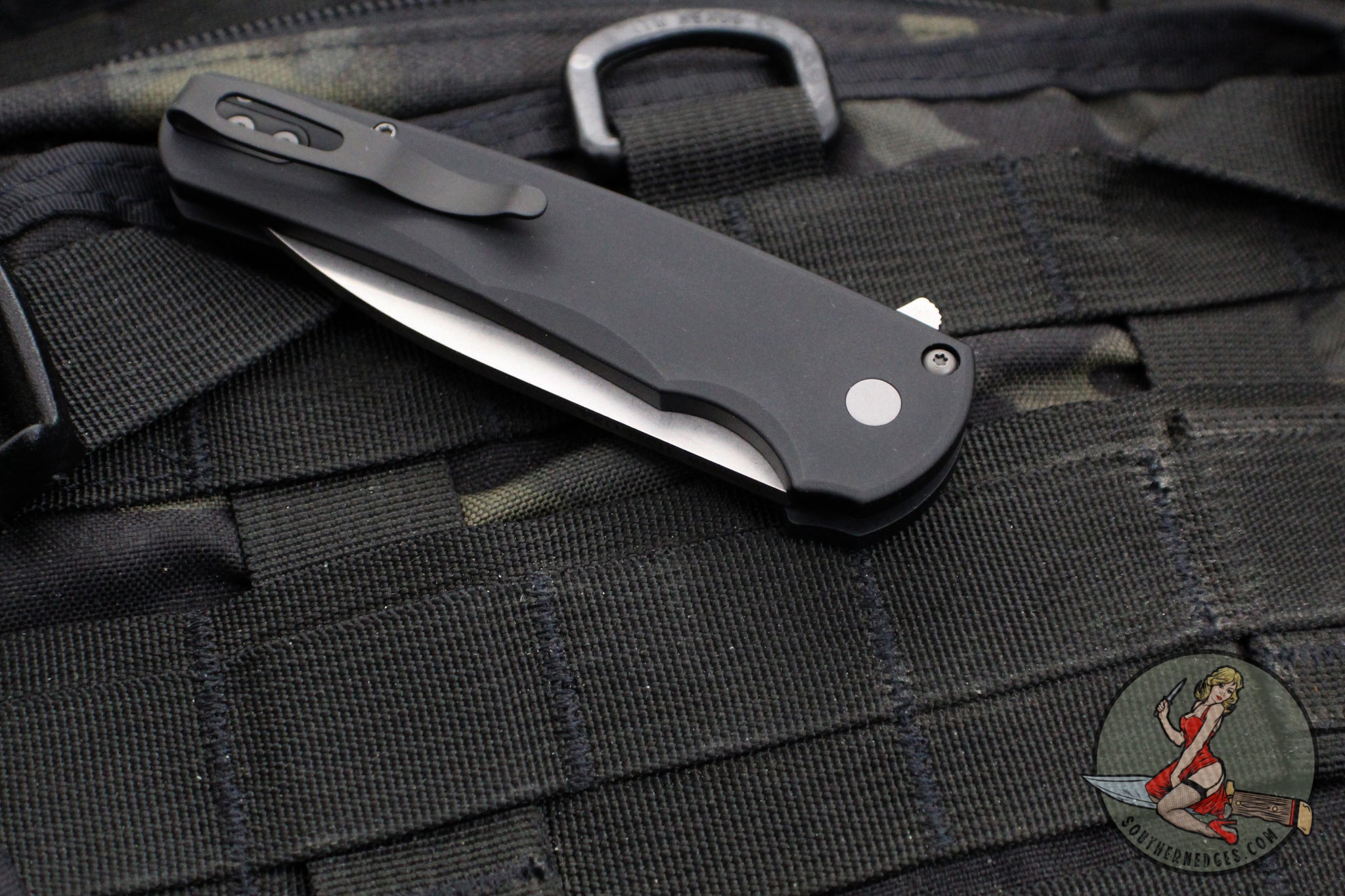 Protech Malibu Flipper- Wharncliffe Blade- Solid Black Handle- Stonewa ...
