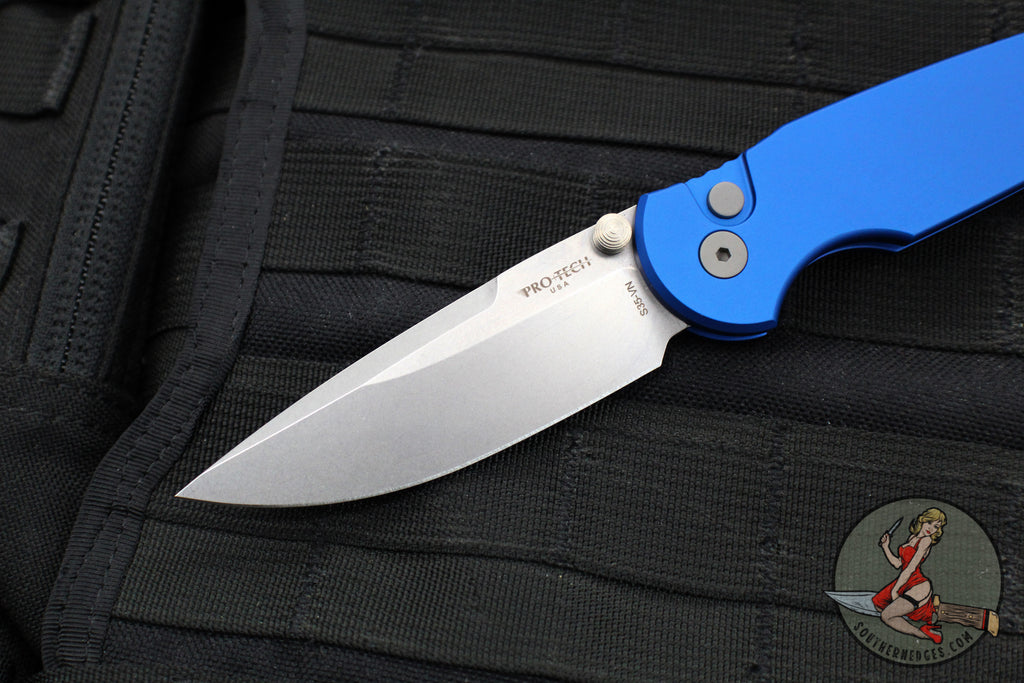 Protech TR-3 Integrity- Manual Button Lock Knife- Smooth Blue Handle ...