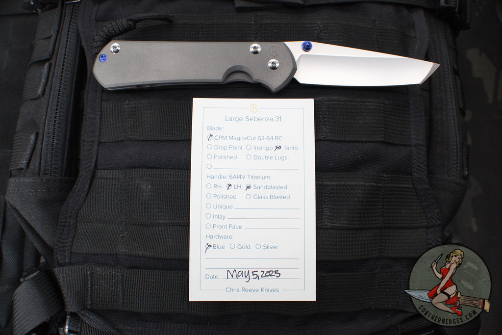 Chris Reeve Large Sebenza 31- LEFT HANDED- Tanto Edge- Sandblasted Fin ...