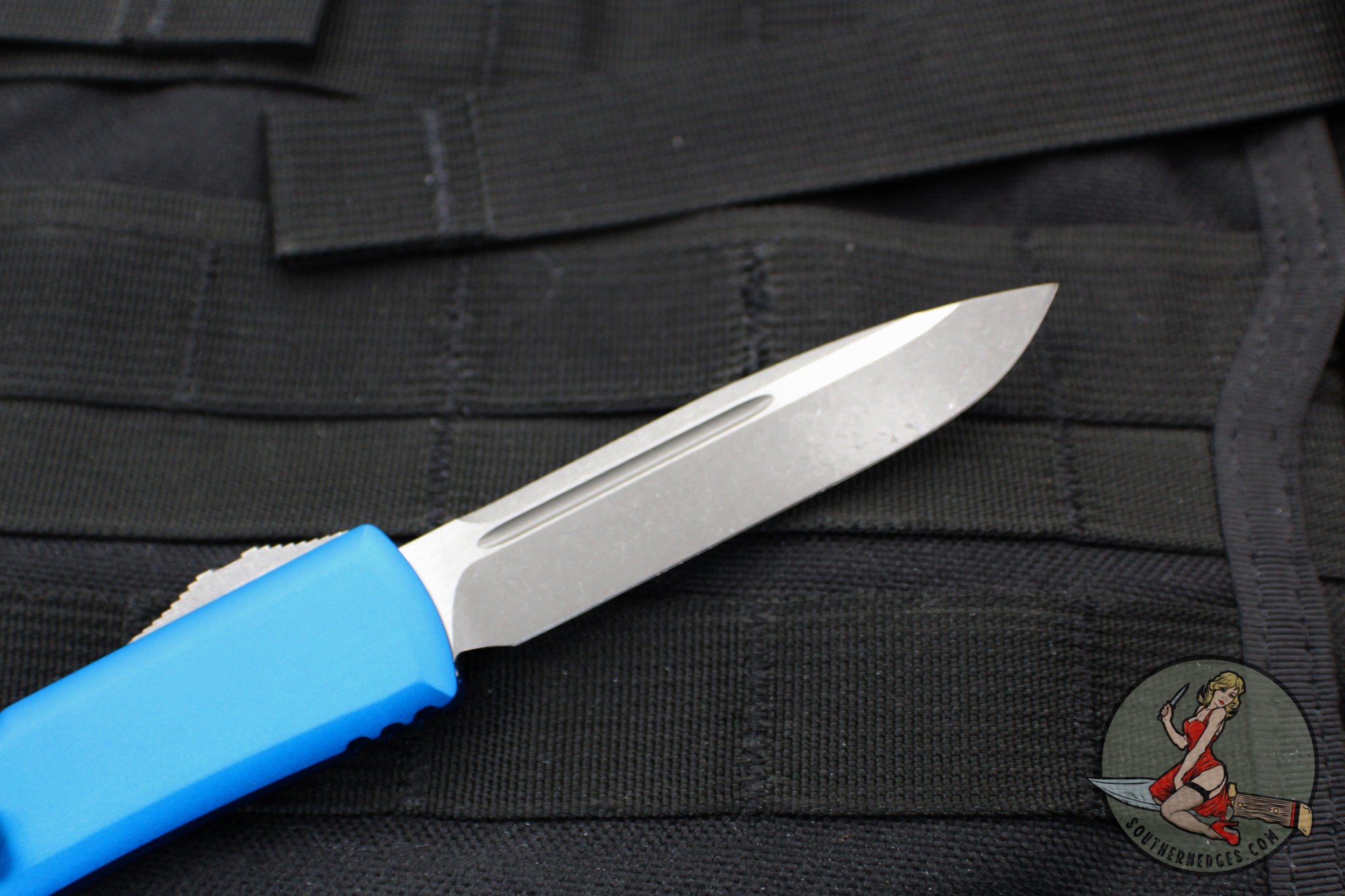 Microtech Ultratech OTF Knife- Single Edge- Blue Handle- Apocalyptic B ...