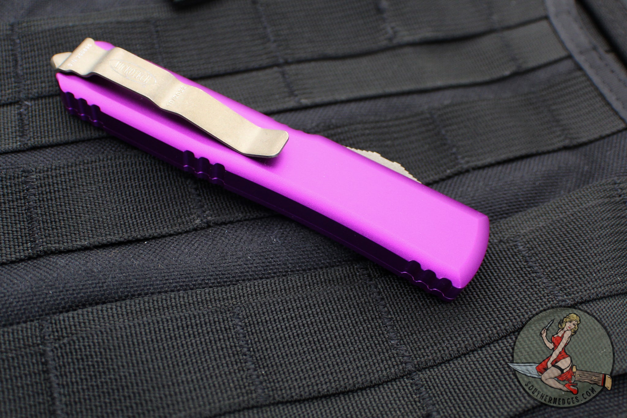 Microtech Ultratech OTF Knife- Double Edge- Violet Handle- Bronzed Apo ...