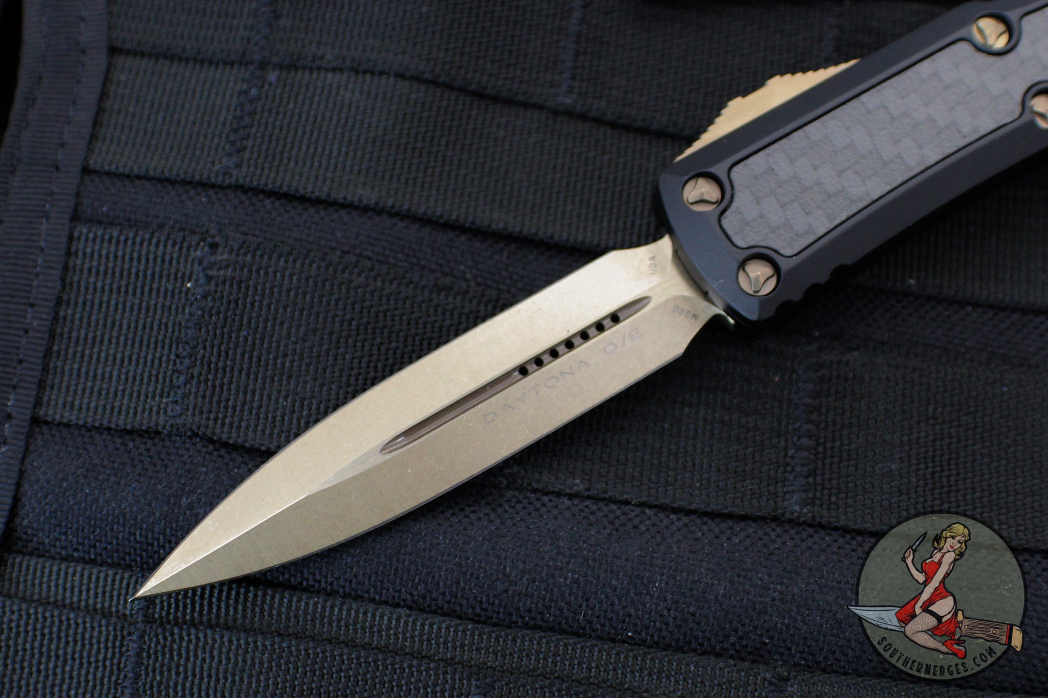 Microtech OTF Knife- Daytona- Double Edge- Black With Carbon Fiber Inl ...
